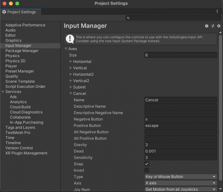ArgumentException: Input Button Cancel is not setup.To change the input settings use: Edit ...